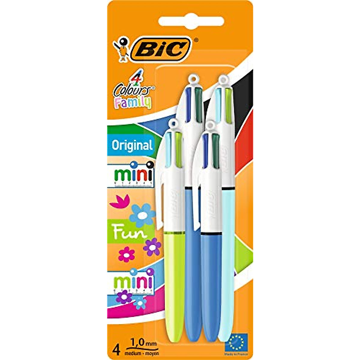 BIC 4 Colours Family Pen Pack - Variety Pack of 4 Pens Total (2 Original Size and 2 Mini Size) - Mix of Original and Fashion Colour Inks