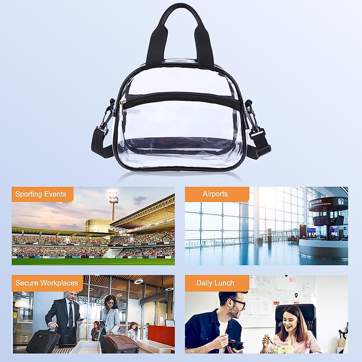 Clearworld Stadium Approved Clear Lunch Bag,See Through Lunch Box with Adjustable Strap and Front Zipper Pocket,Easy to Clean and Water Resistant Tote Bag for Work, School, Concerts,Sports
