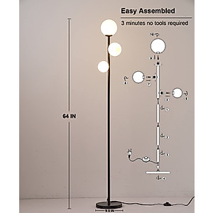 3 Globe Mid Century Floor Lamp, 3 Lights Black Floor Lamp for Living Room LED Bulbs Included with Warm Lighting, Modern Standing lamp Farmhouse Retro Home Decor for Bedrooms Office - Matte Black