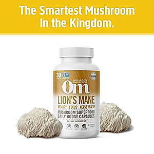 Om Mushroom Superfood Lion's Mane Mushroom Capsules Superfood Supplement, 90 Count, 30 Day Supply, Fruit Body and Mycelium Nootropic for Memory, Focus, Nerve Health and Immune Support
