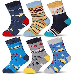 Eocom 6 Pairs Children's Winter Warm Wool Animal Crew Socks Kids Boys Girls Socks (Car, 1-3T)