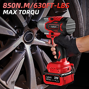 Avhrit Cordless Impact Wrench 1/2 inch, 850N.m/630Ft-lbs 1/2 Impact Wrench, High Torque Impact Gun w/ 2x 4000mAh Battery, Charger & 5 Sockets, Power Impact Driver for Car Home