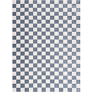 Hauteloom Brone Contemporary Checkered Area Rug - Modern Geometric Bordered Carpet for Living Room, Bedroom, Dining Room - Checkboard Design - Square Tiles - Blue, Ivory - 5'3" x 7'