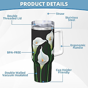 furenan White Calla Lilies 40oz Tumbler With Handle And Straw Lid Stainless Steel Double Wall Vacuum Insulated Tumbler Travel Mug Straw Covers Cup For Water Iced Tea Or Coffee