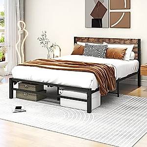 HAHRIR Platform Queen Bed Frame with Rustic Vintage Wood Headboard and Footboard, Mattress Foundation, Strong Metal Slats Support, Noise-Free，No Box Spring Needed，Brown+Black