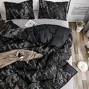 Spring Meow 2024 Upgraded Black Twin Duvet Cover, 100% Washed Duvet Cover Set, Marble Bedding, 3 Pieces with Zipper Closure, 1 Duvet Cover 68x90 inches and 2 Pillow Shams