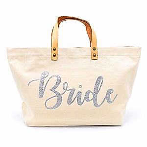 PumPumpz" Bride/Mrs" Bridal Tote Bag Natural white and glittery for Wedding Gifts. (Bride Sliver)