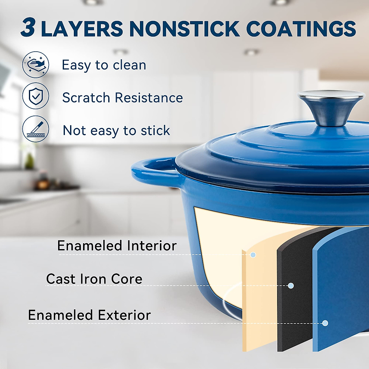 Miereirl 4.5 QT Enameled Dutch Oven Pot with Lid, Cast Iron Dutch Oven with Dual Handles for Bread Baking, Cooking, Non-stick Enamel Coated Cookware (Dark Blue)