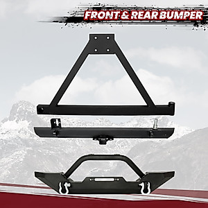 HECASA Front & Rear Bumper Compatible With 1987-1996 Jeep Wrangler YJ 1997-2006 Wrangler TJ W/Tire Carrier and D-Rings Powder Coated Steel Black(3 packages)
