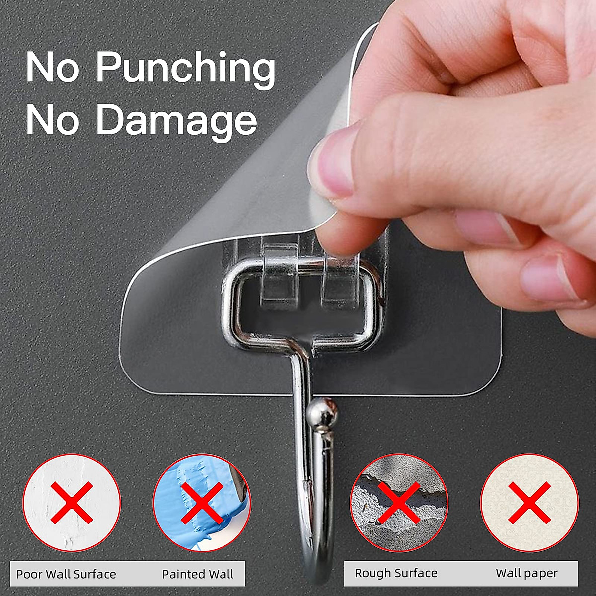 Large Adhesive Hooks for Hanging Heavy-Duty 44Ib(Max) 10 Packs, Wall Hangers without Nails Self-Adhesive Traceless Clear and Removable, Waterproof and Rustproof Multiple Uses for Bathroom Kitchen Home