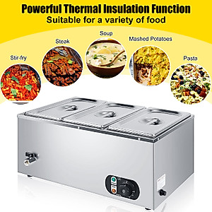 Electric Commercial Food Warmer 110V Buffet Food Warmer Stainless Steel Electric Countertop Steamer with Temperature Control, Tap and Lid for Catering Restaurant Parties (3 Pan)
