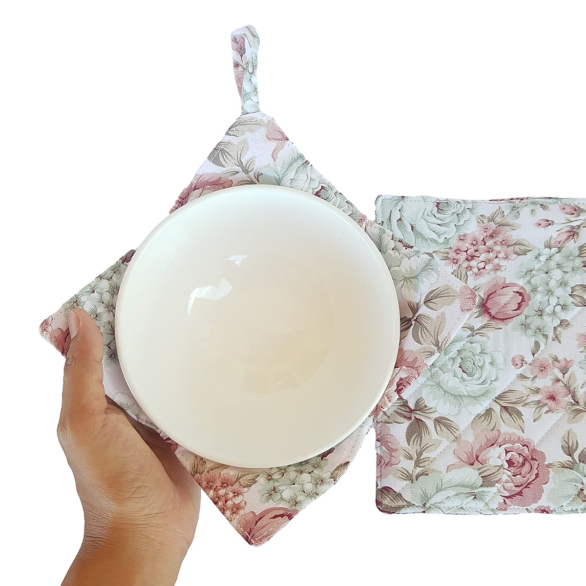 CUSHYSTORE 2X Bowl Cozy Pot Holder Canvas Holders Heat and Cold Resistant Anti-Scalding Protector (Pink Rose Garden), 7.5''x7.5''x4''