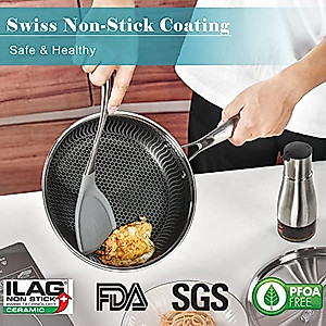 Stainless Steel Frying Pan with Lid - 5 Ply Steel Skillet,Professional Grade Pans For Cooking With Stay Cool Handle,9.5 Inch Honeycomb Nonstick Cooking Surface, Induction Stovetop Compatible