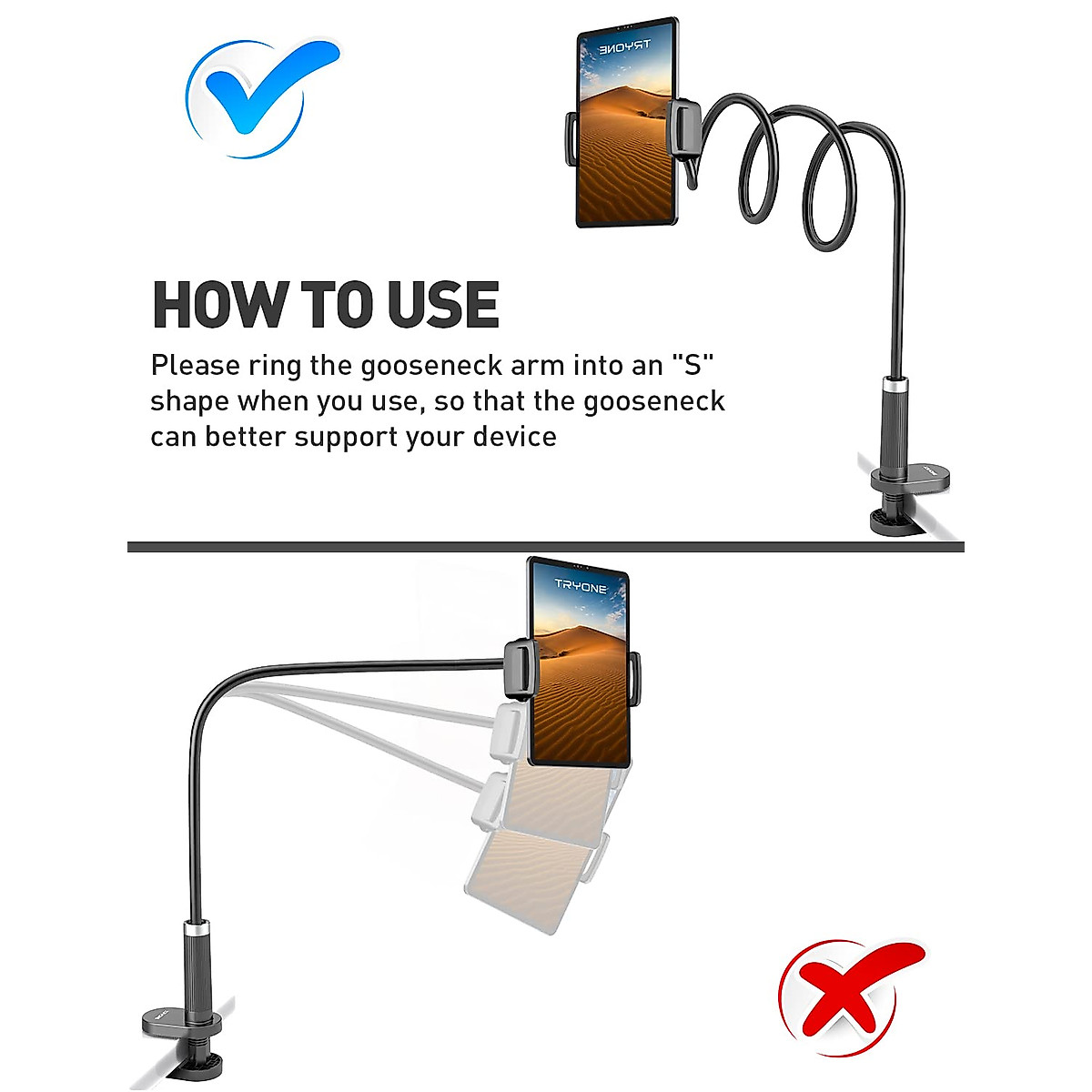 Gooseneck Tablet Holder Stand for Bed: Adjustable 39.4inch Flexible Lazy Arm Tablets Mount Compatible with iPad Pro Air Mini | Galaxy Tab | Kindle Fire | Switch or Other 4.7-12.9" Device