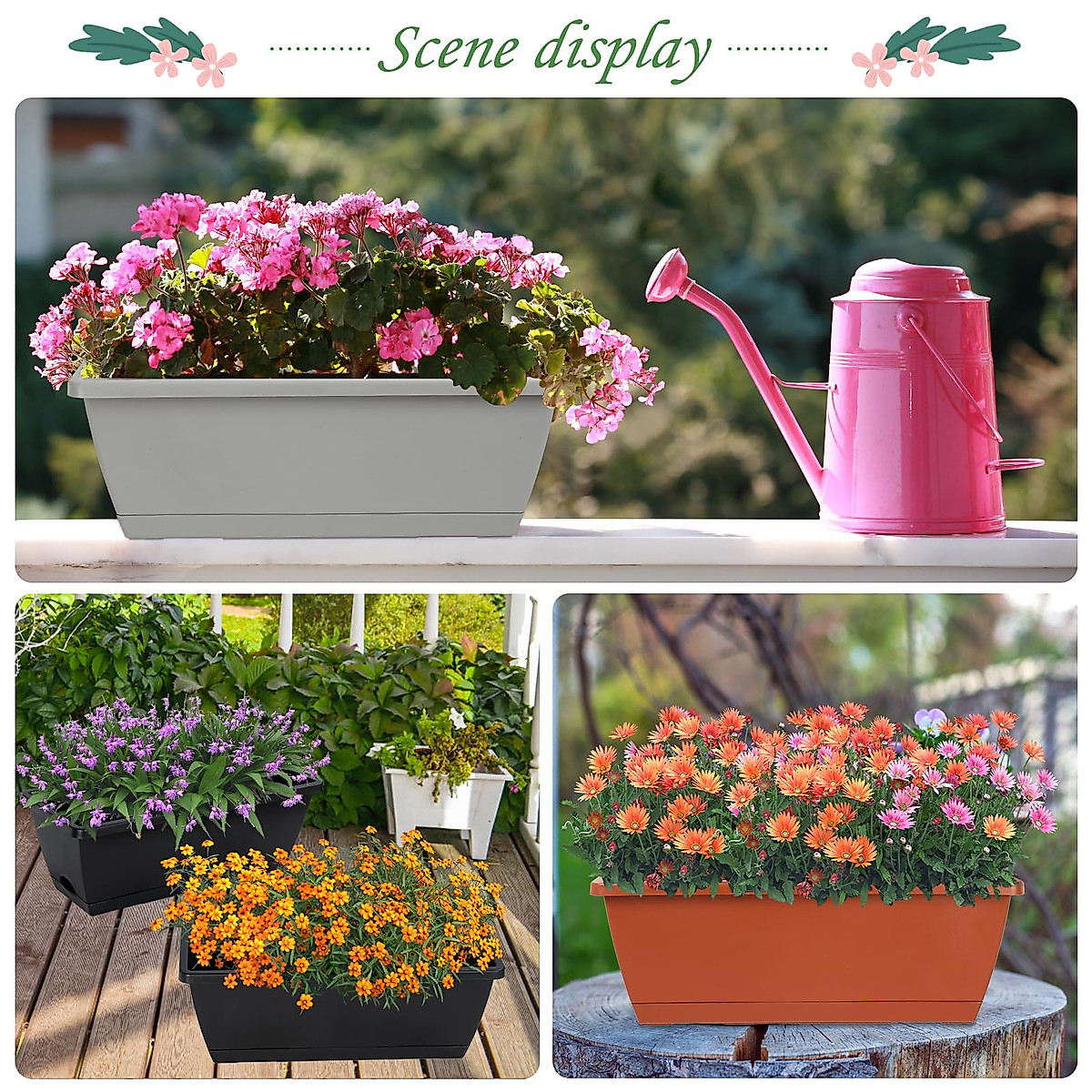 Lysjtsr 12Pcs 17Inches Rectangle Planter Box with Drainage Holes and Trays Plastic Planters Flower Boxes Pots for Indoor Outdoor Plants Patio Garden Home Decor Porch Yard (Gray)