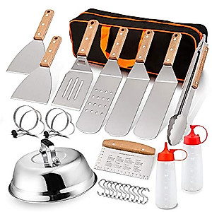 Leonyo Griddle Accessories Set of 16, Heavy Duty Stainless Steel Grill Griddle Metal Spatula for Cast Iron Flat Top Teppanyaki Hibachi Hamburger Cooking, Carry Bag, Chef Gift, Melting Dome, S Hook