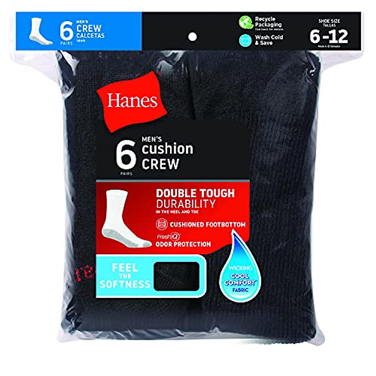 Hanes mens Double Tough Crew 6-pair Pack, Available in Big & Tall Casual Sock, Black, 6 12 US