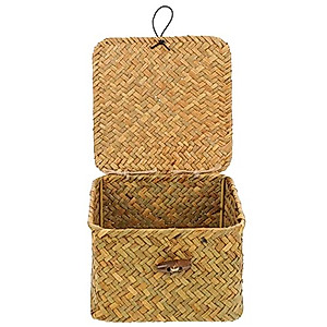 Cabilock Shelf Baskets with Lid Handwoven Seagrass Storage Box Wicker Basket Desktop Makeup Organizer Multipurpose Container for Wardrobe Home Organizer