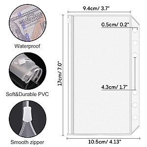 YOTINO 30PCS A6 Size 6 Holes Binder Pockets,Binder Zipper Folders, Waterproof PVC Clear Cash Budget Envelopes Binder Pouches, for 6-Ring Notebook Binder for Cards, Coins, Stamps