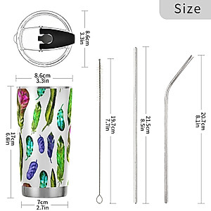 Yasala Tumbler Vibrant Feather Insulated Coffee Cup Back to School Beverage Container Office Travel Mug with Straw and Lid 20oz