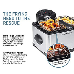 Elite Gourmet EDF-401T Electric Immersion Deep Fryer 3-Baskets, 1700-Watt, Timer Control, Adjustable Temperature, Lid with Viewing Window and Odor Free Filter, Stainless Steel and Black