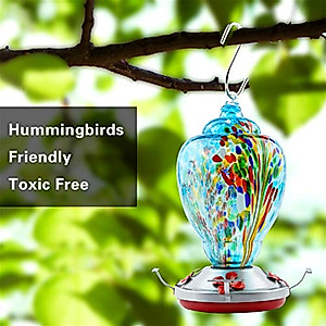 WOSIBO Hummingbird Feeder for Outdoors Patio Large 32 Ounces Colorful Hand Blown Glass Hummingbird Feeder with Ant Moat Hanging Hook, Rope, Brush and Service Card (Blue-Firework)