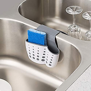 Home Basics Draining Dual Sink Saddle Sponge Holder Organizer for Double Sink, White/Grey