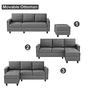 HONBAY Convertible Sectional Sofa, Convertible L Shaped Couch with Reversible Chaise, Sectional Couch for Small Space Apartment, Grey