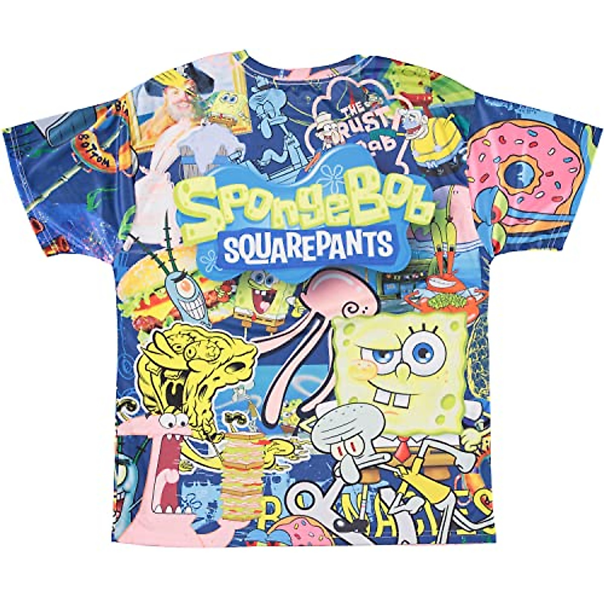 Mens Spongebob Squarepants Classic Shirt - Spongebob, Patrick & Krusty Krab Sublimated Allover T-Shirt (White, Medium)