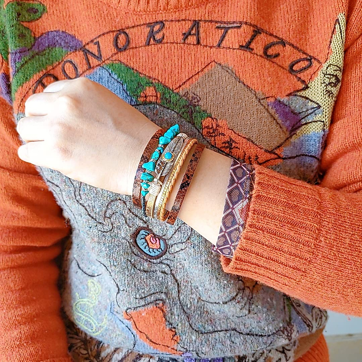 GelConnie Womens Leather Wrap Bracelet Boho Leather Cuff Bracelet Feather Turquoise Multi Layer Leather Bracelet Cuff Bangle Jewelry Bohemian Bracelet for Women Mother Wife