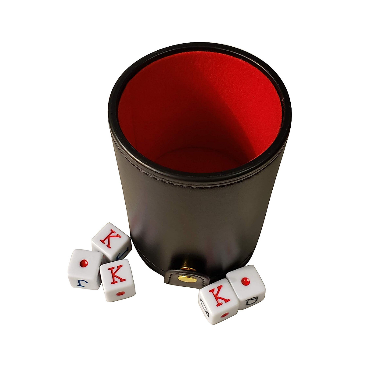 Bene Casa - Black Leather Dice Cup with Red Felt Interior Includes Reinforced Bottom and Snap-on Cup Lid - Comes with Set of 5 6-Sided Dice