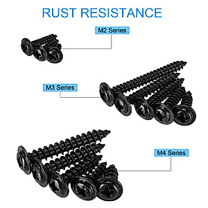 HanTof 420pcs M2 M3 M4 Phillips Truss Head Self-Tapping Wood Screws,Wafer Head Wood Screws,Pan Head with Washer Tapper Screws Assortment Kit for Wood,Plastic and Soft Metal,13 Sizes,Black Carbon Steel