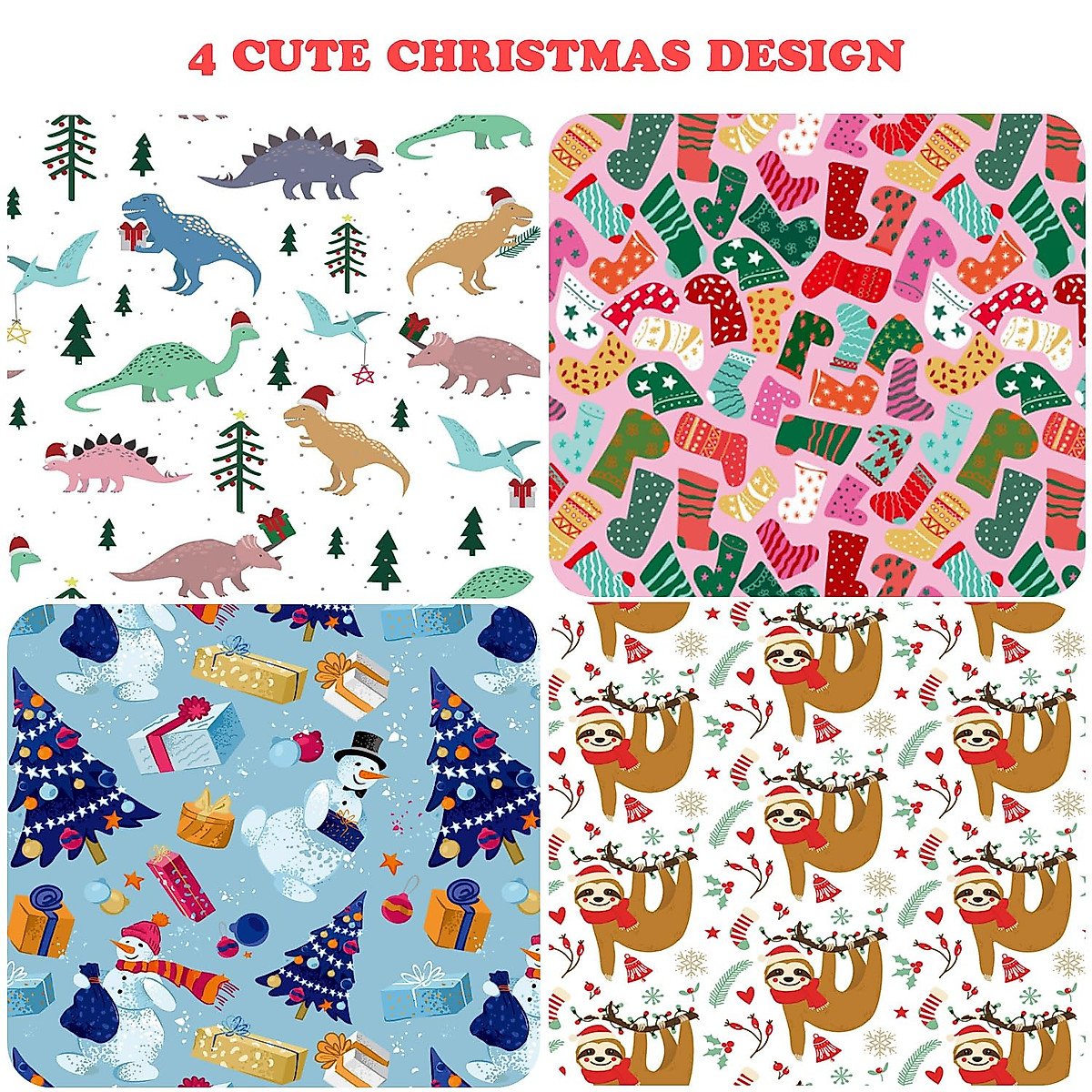 CAMKUZON Christmas Wrapping Paper for Kids Boys Girls Baby Women Men - 12 Sheets Xmas Gift Wrap 4 Cartoon Designs Dinosaur, Sloths, Snowmen, Socks - Folded Flat, 20 Inch X 29 Inch Per Sheet