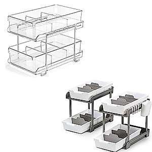 LANDNEOO 2 Tier Clear Organizer with Dividers & 2 Set, 2 Tier Pull-Out Under Sink Organizer and Storage with Dividers