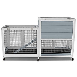 GDLF Two Floors 58" Wooden Indoor Bunny Hutch Rabbit Cage on Wheels Guinea Pig PET House for Small to Medium Animals Waterproof No Leak Tray
