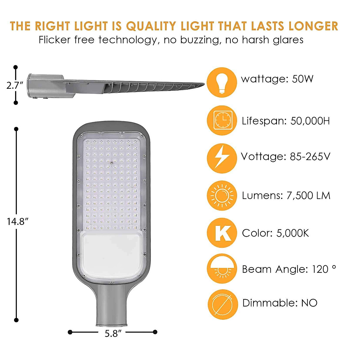 Brillirare 50W LED Parking Lot Lights with Dusk-to-Dawn Photocell Sensor, 7500LM 5000K Street Light with Adjustable Arm Mount, IP66 Waterproof Outdoor Commercial Area Road Lighting