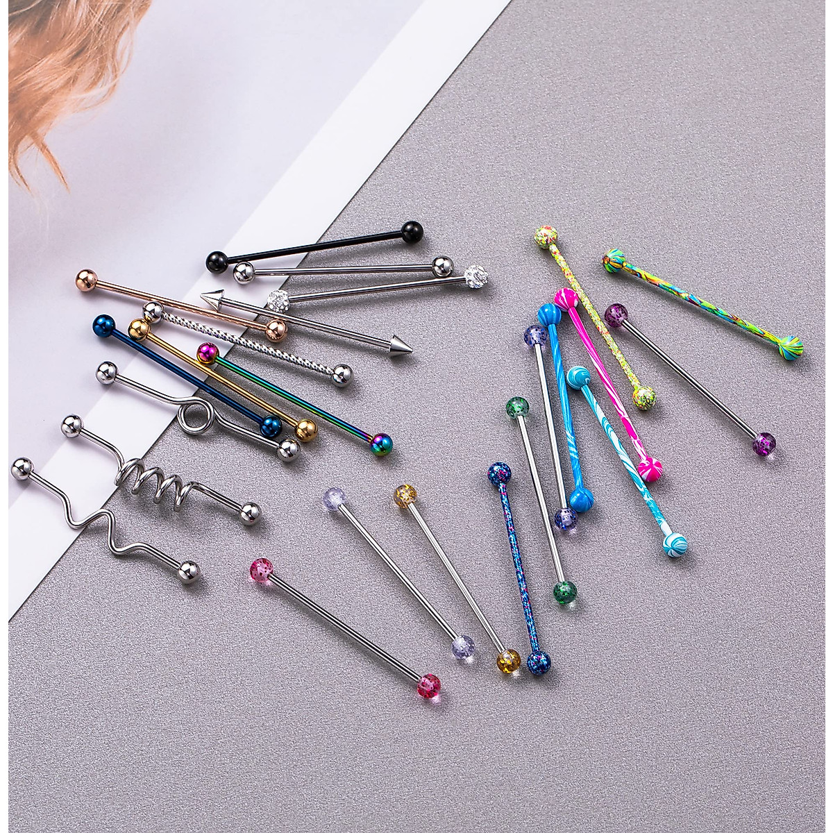 YOVORO 24Pcs 14G Stainless Steel Industrial Barbell Earrings for Women Men Cartilage Helix Piercing Jewelry Industrial Piercing Bar 38MM S