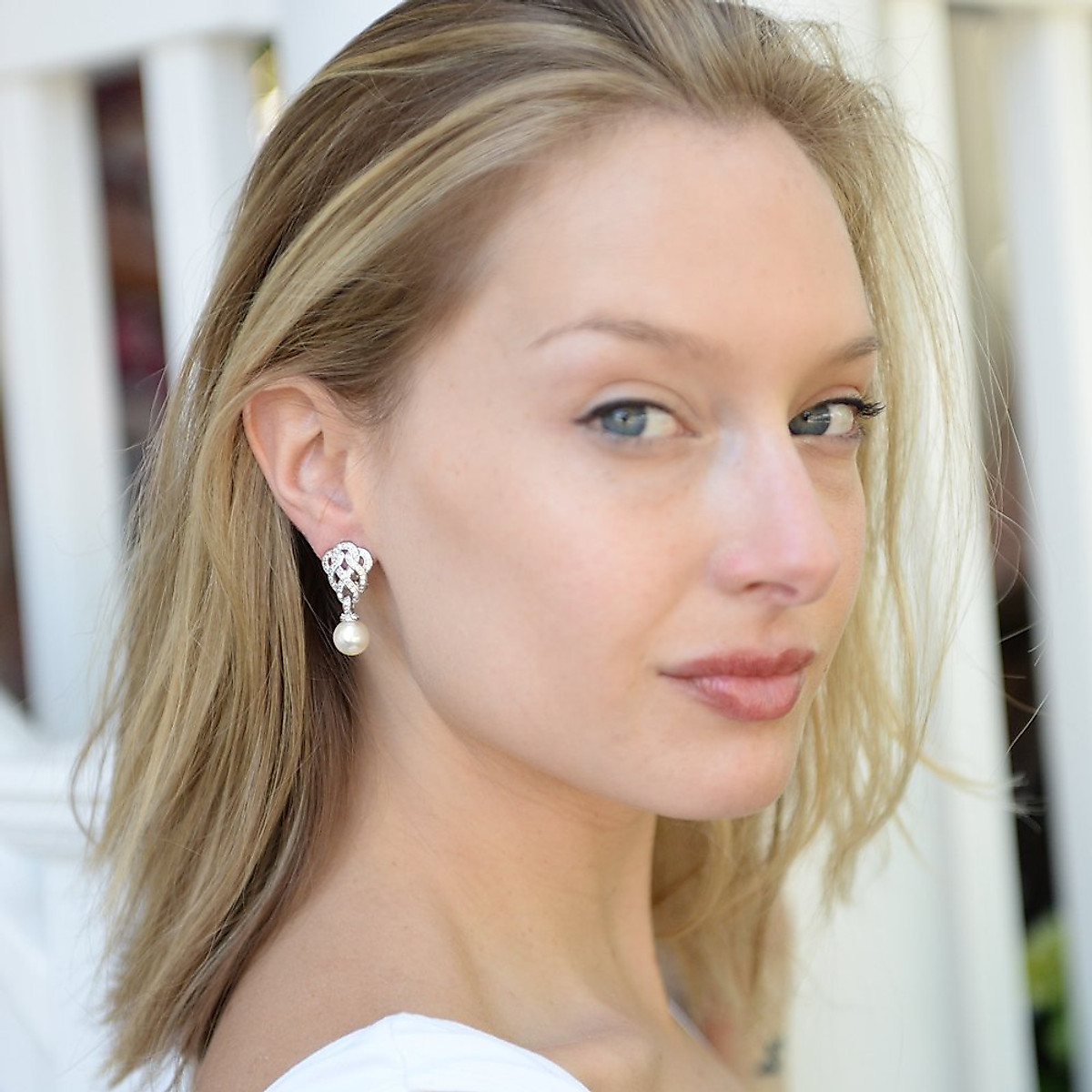 Mariell Vintage Art Deco Pearl Clip On Earrings for Wedding, Brides & Mother of Bride - CZ Pave Accent