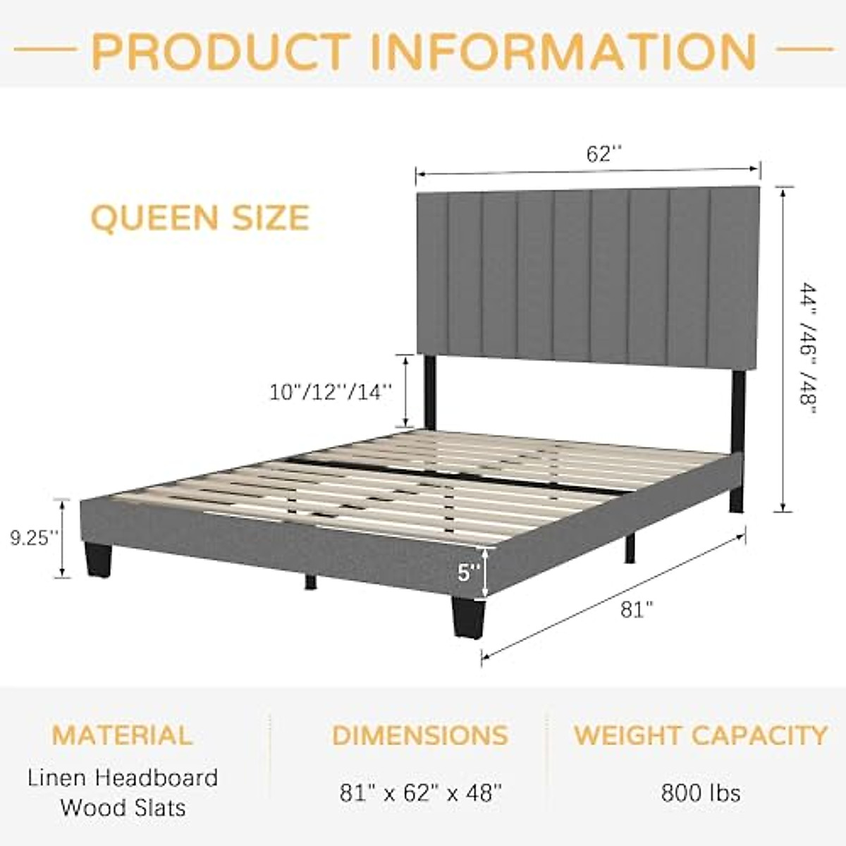 SWISH WEAVERS Queen Bed Frame Upholstered Platform with Adjustable Height Headboard, No Box Spring Needed, Non-Slip and Noise-Free, Easy Assembly Solid Wooden Slats (Light Grey)