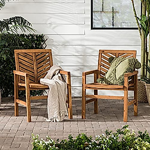 Walker Edison 2 Piece Outdoor Patio Chevron Wood Chair Set All Weather Backyard Conversation Garden Poolside Balcony, Set of 2, Brown