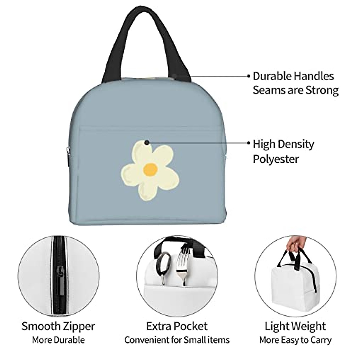 Ucsaxue Insulated Lunch Bag Women Men, Reusable Tote Lunch Box, Leakproof Cooler Lunch Bags for Work Office Travel Picnic, Cute White Flower Daisy
