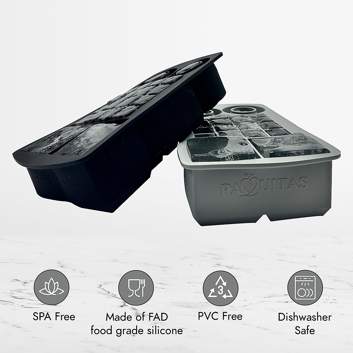 PAQUITAS HOME 3-in-1 Ice Tray: Sphere, Rectangle, and Square Shapes with Lid - Non-Toxic - BPA Free Silicone Mold for Perfect Cocktails and Soft Drinks - Black