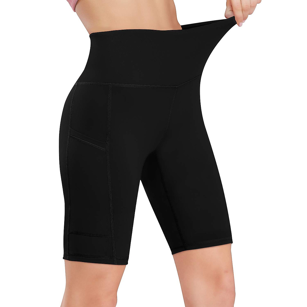 HISKYWIN 5"/8" Inseam High Waist Women Yoga Shorts Compression Exercise Workout Running Shorts Pockets F18010-Black-M