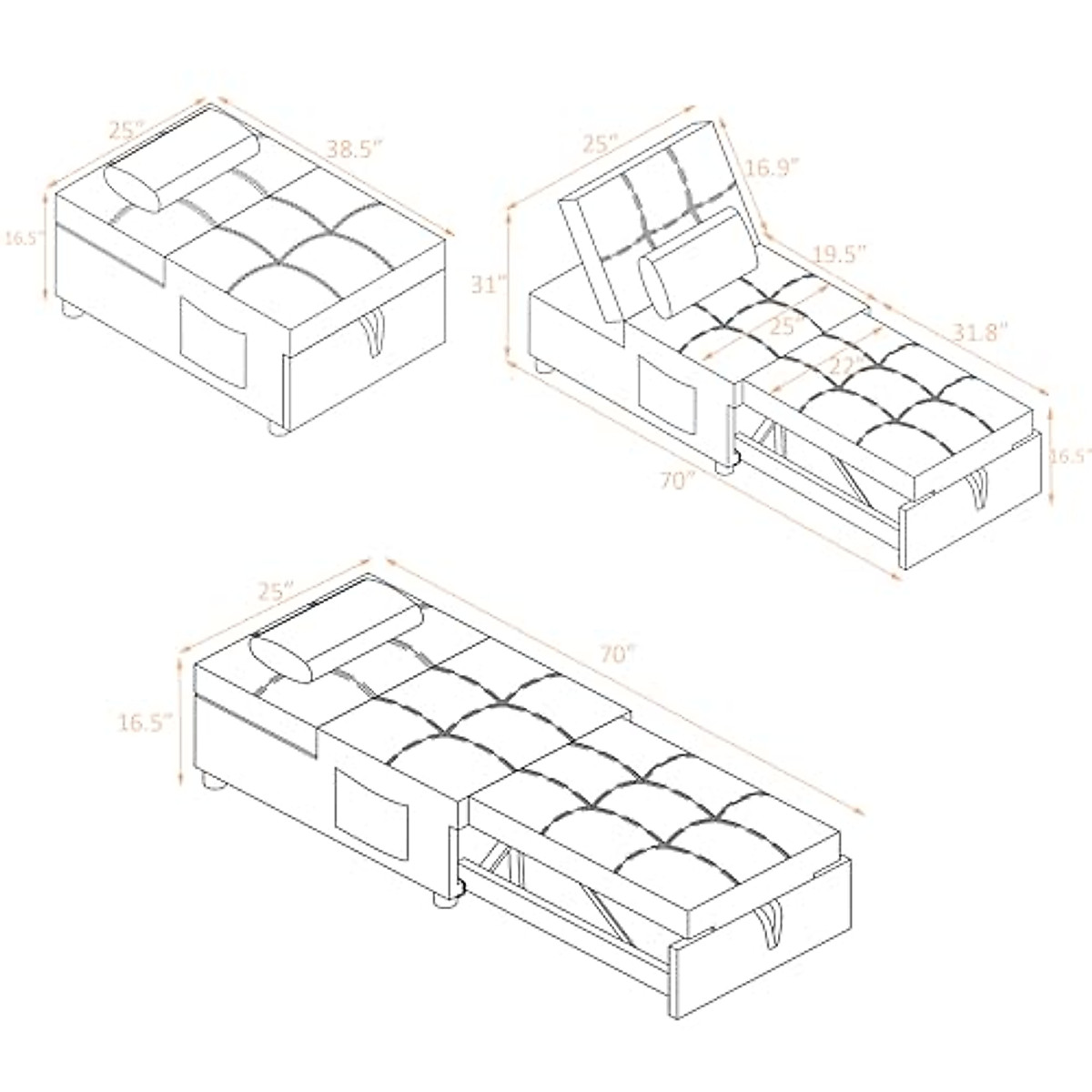 Convertible Pull Out Single Sofa Chair,3-in-1 Multi-Functional Sleeper Chair Bed, Adjustable Backrest Recliner with Modern Fabric for Living Room Bedroom Apartment Small Space（Black）