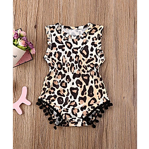 Newborn Kids Baby Girls Clothes Floral Jumpsuit Romper Playsuit Backless Ruffle Headband Sunsuit Outfits (Leopard, 0-6 Months)