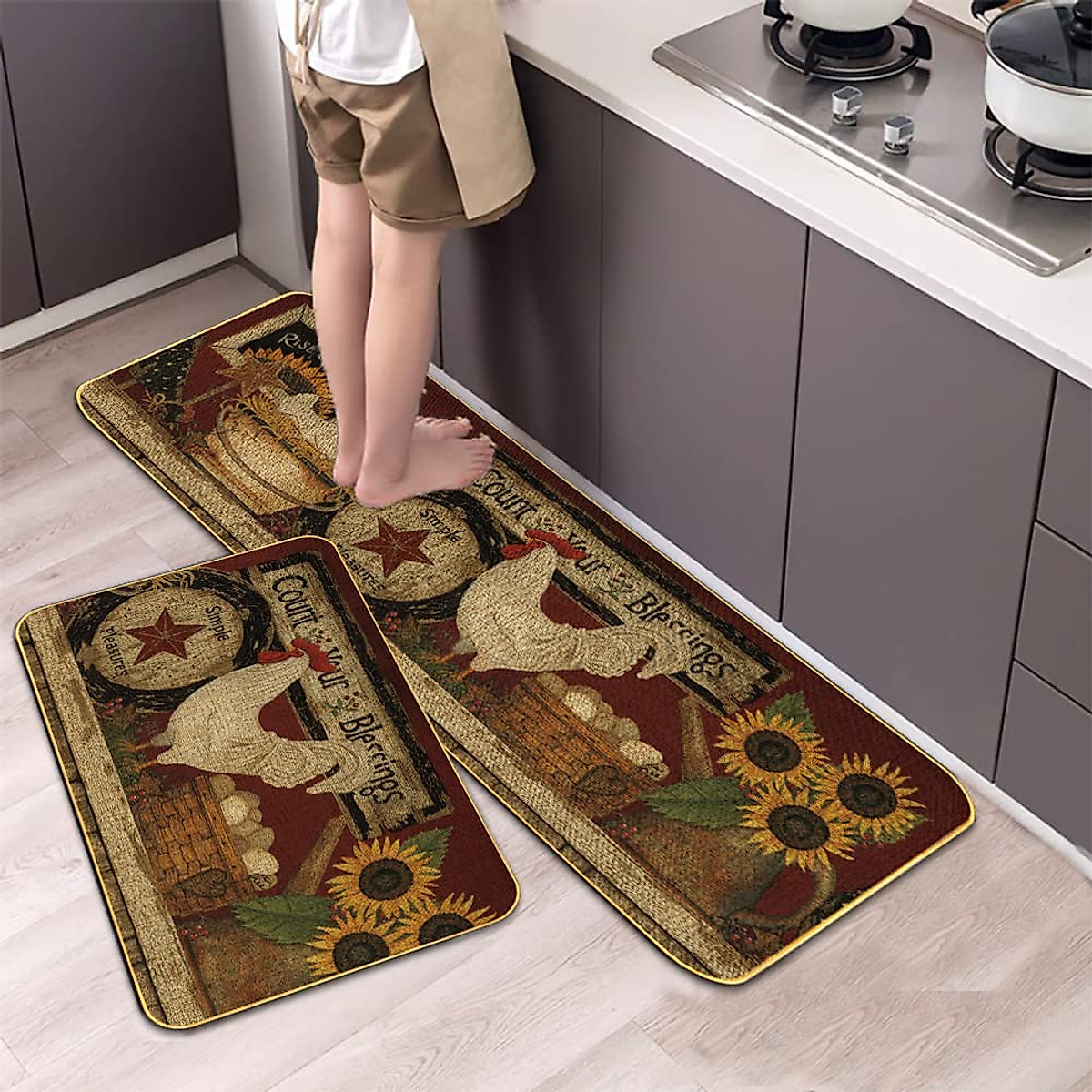 DXSHCG Farmhouse Decorative Kitchen Rugs and Mats Set of 2, Farm Rooster Non-Slip Kitchen Mats,Seasonal Holiday Party Sets Washable Low-Profile Floor Mats - 17x29 and 17x47 Inch