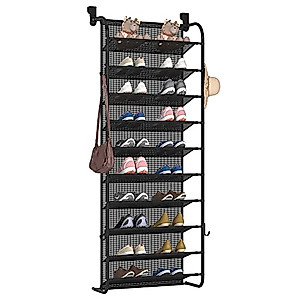 FKUO 10-Tier Over The Door Shoe Organizer Hanging Shoe Storage with 2 Customized Strong Metal Hooks for Closet Pantry Kitchen Accessory - Space Saving Solution (10 Layer, Black&Hooks)