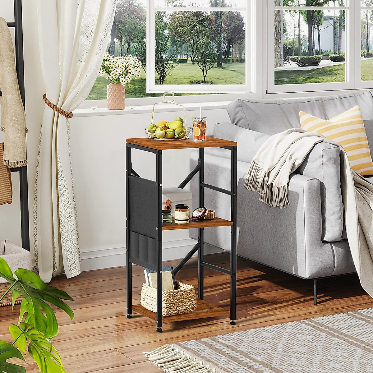 Small Side Table Narrow End Table, Nightstand Tall Side Tables for Small Spaces, 3 Tier Storage Shelves Couch End Tables for Living Room, Bedroom Office Bathroom, Easy Assembly Rustic Brown and Black