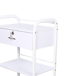 3-Tier Rolling Utility Cart with Wheels,White Mobile Esthetician Cart Trolley with Single Lockable Drawer,Medical Den-tal Serving Cart Trolley Steel Serving Cabinet & Kitchen Cart,Load 33LBS