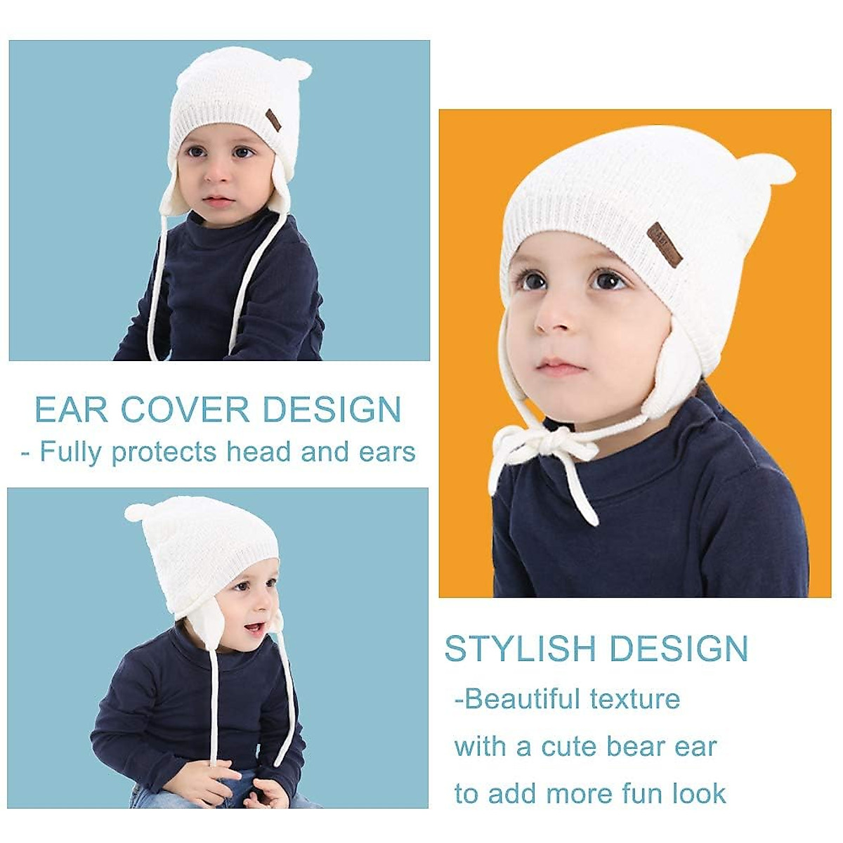 XIAOHAWANG Baby Hat Cute Bear Toddler Earflap Beanie Warm for Fall Winter (A-Set Grey+White+Navy, S(0-6 Months))